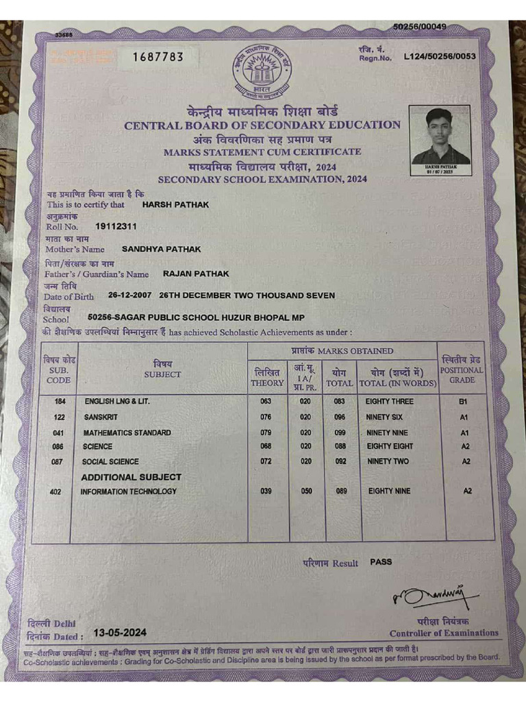 Harsh Pathak 10th Marksheet | PDF