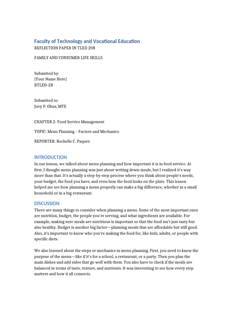 Menu Planning in Food Service Management | PDF