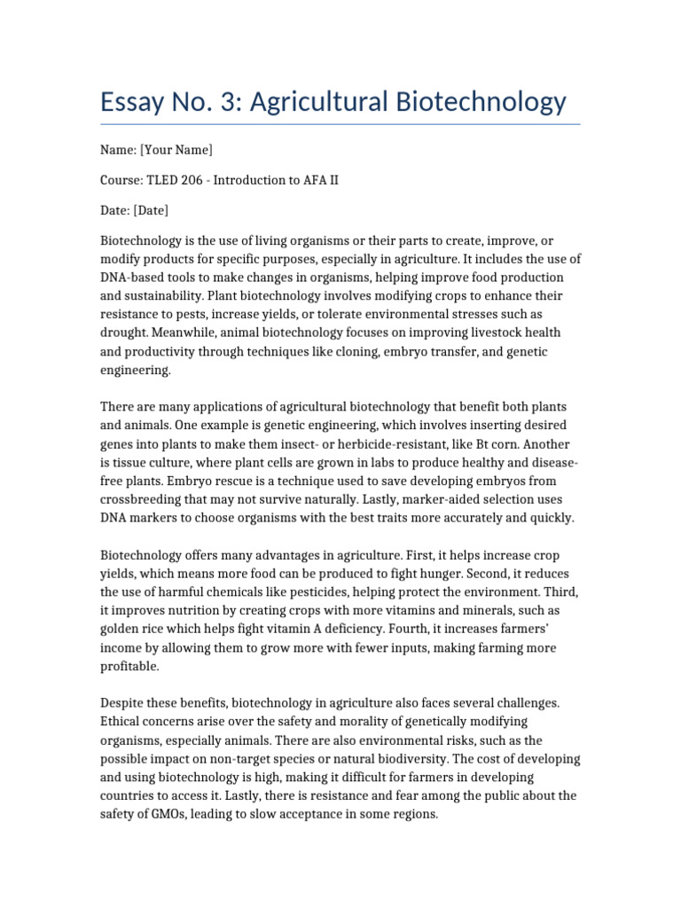 Essay No 3 Biotechnology | PDF | Biotechnology | Agriculture