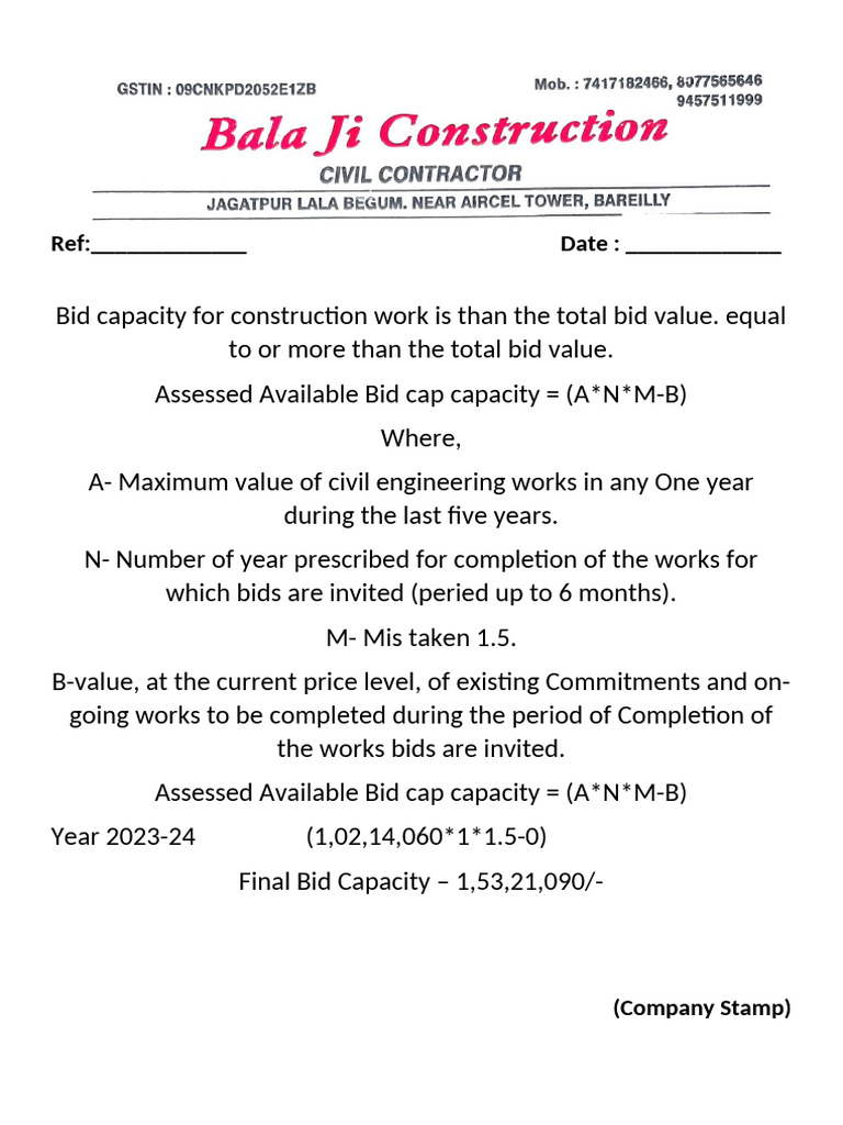 Bid Capacity Assessment for 2023-24 | PDF