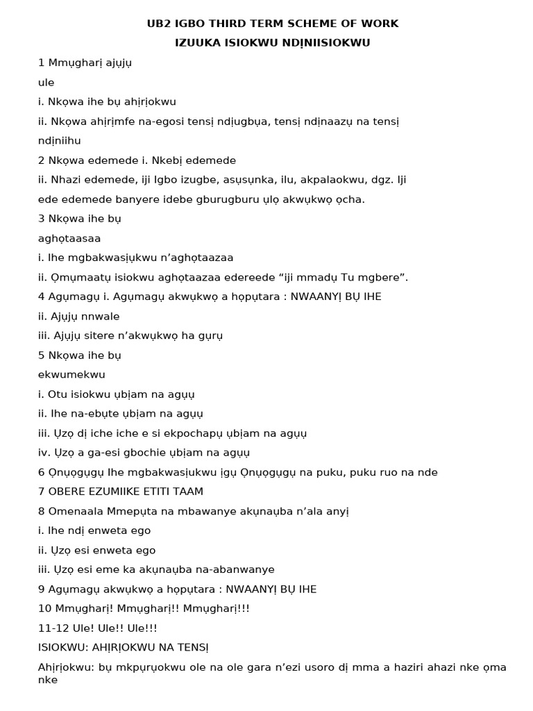 Ub2 Igbo Third Term Scheme of Work 1 | PDF