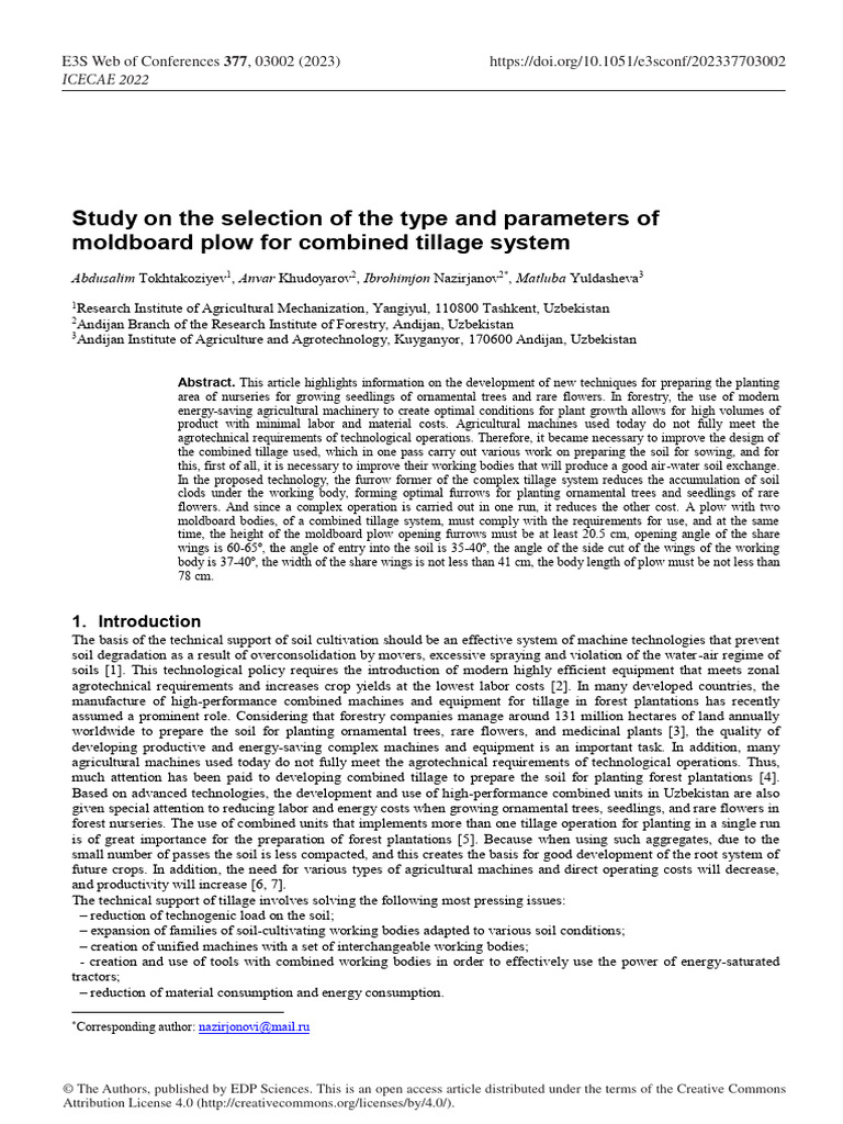 Study On The Selection of The Type and Parameters | PDF | Plough | Tillage