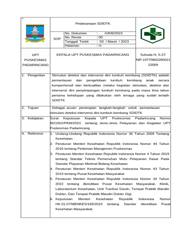 SOP PELAKSANAAN SDIDTK | PDF