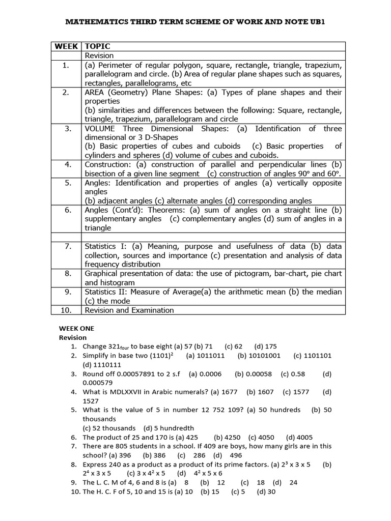 Third Term Mathematics Scheme Overview | PDF | Area | Volume