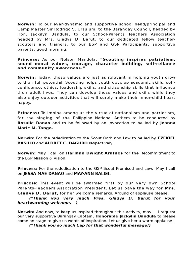 School BSP - GSP Joint Encampment Script | PDF | Scouting