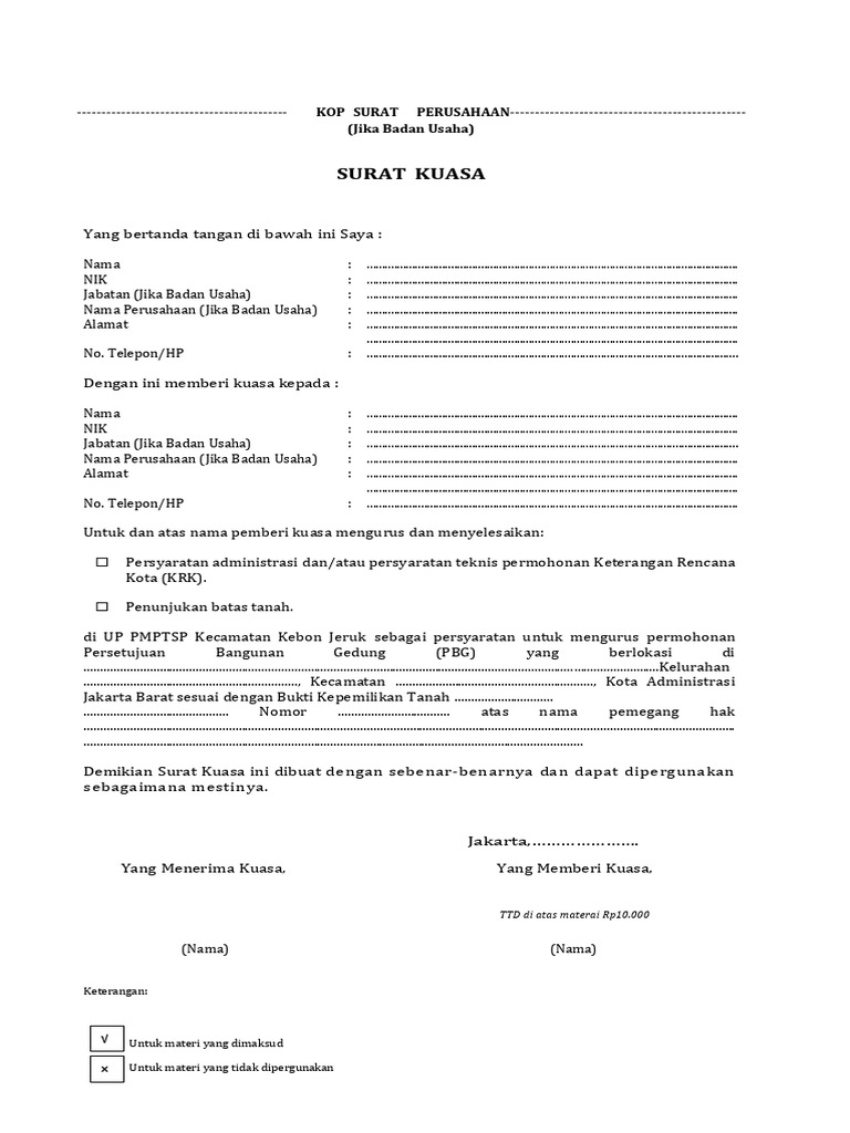 Format Surat Kuasa KRK (Jika Dikuasakan Ke Pihak Ketiga) - 2024 | PDF