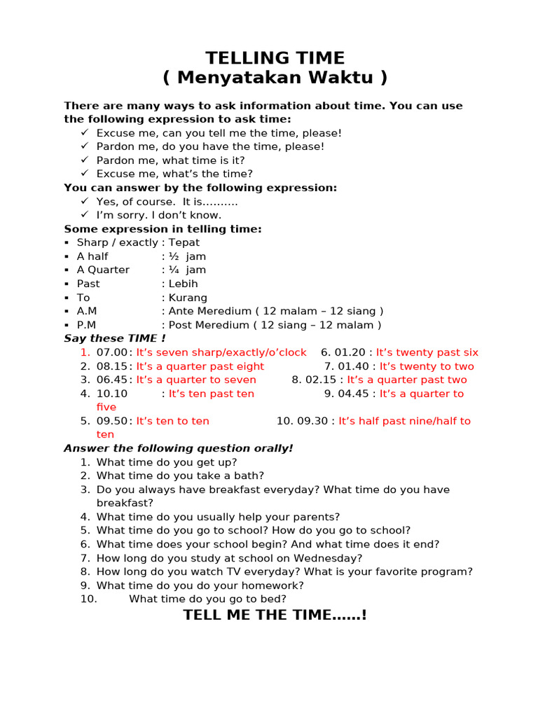 Telling Time Kunci Pdf