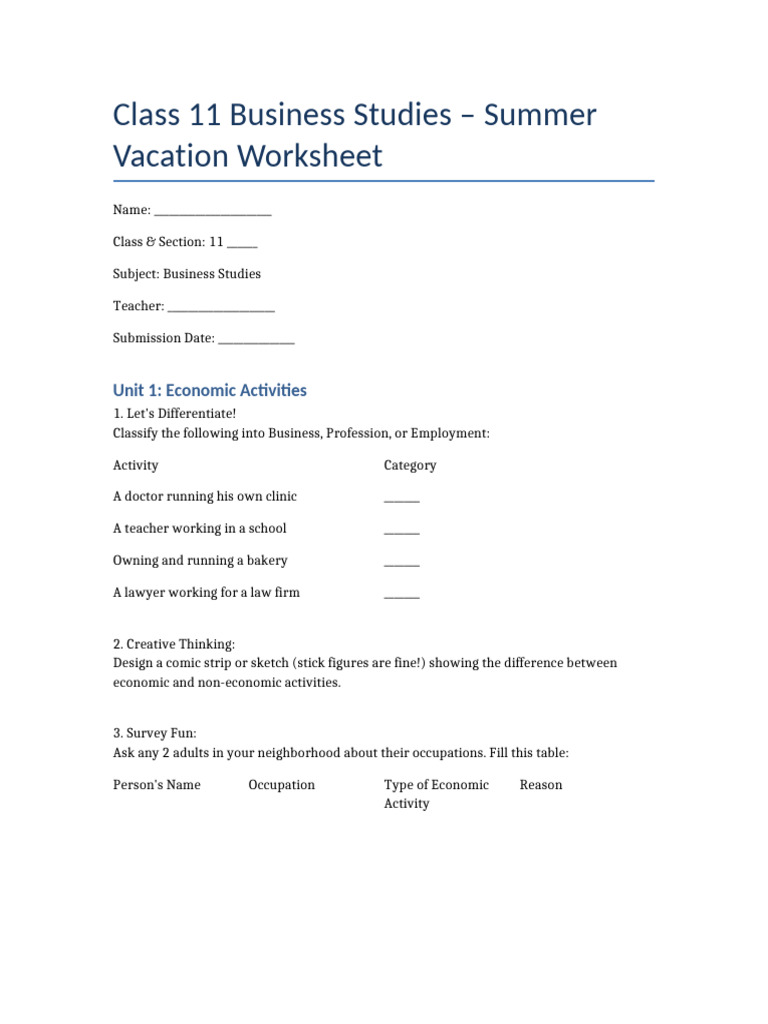 Business Studies Class11 Summer Worksheet | PDF | Business | Business ...