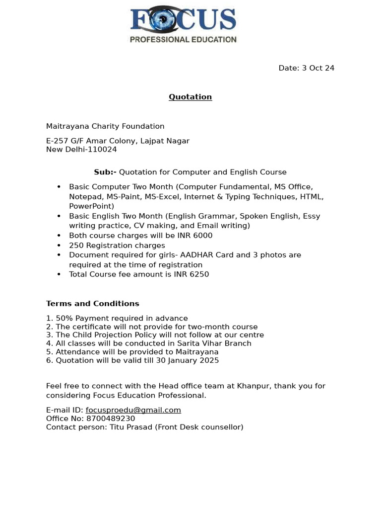 Focus Institute Quotation | PDF