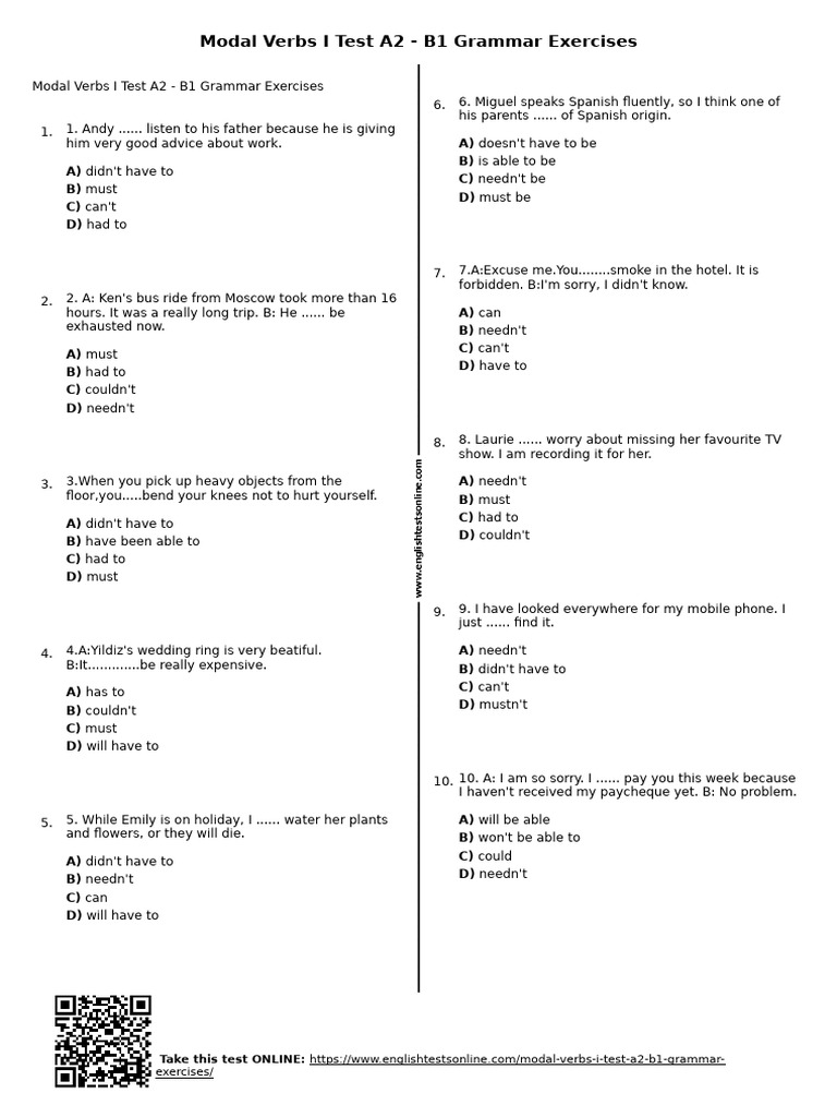 472 Modal Verbs I Test A2 b1 Grammar Exercises Englishtestsonline | PDF