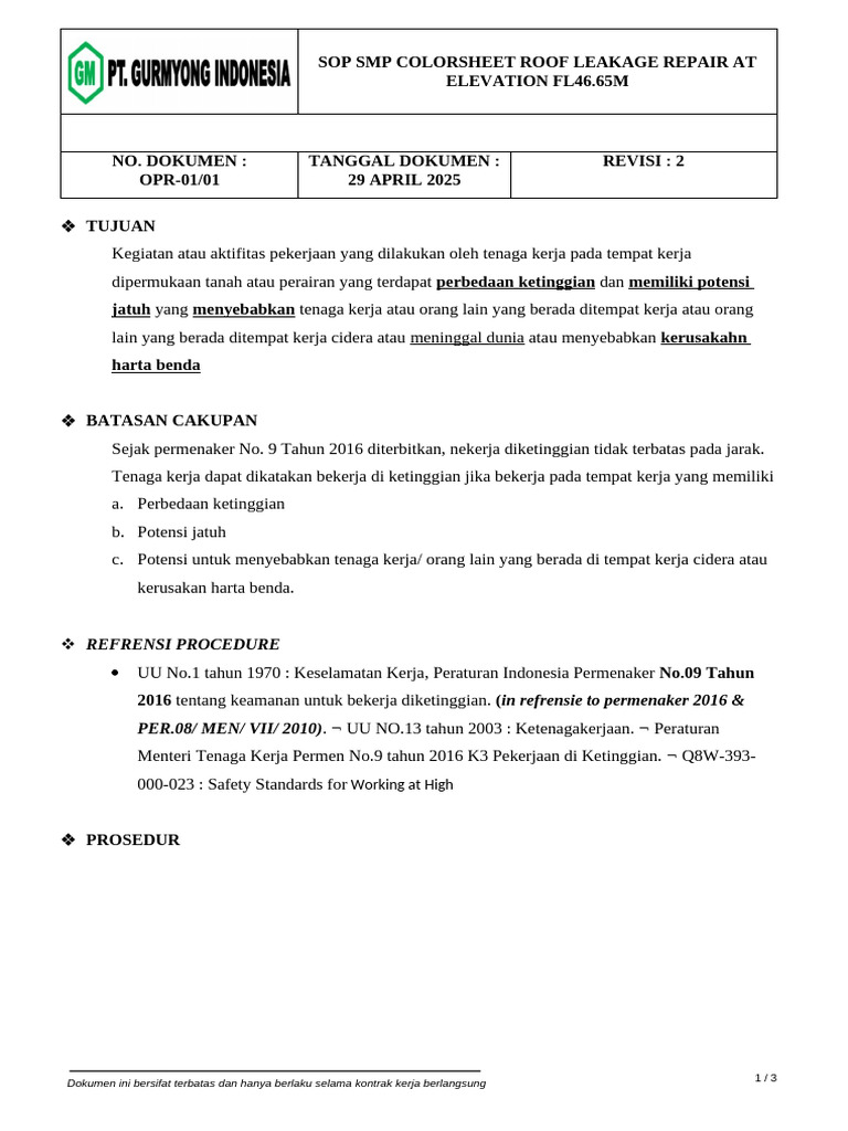 Sop CPP Colorsheet Repair at Elevation (Wah) | PDF