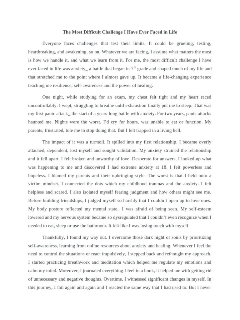 The Most Difficult Challenge You Have Ever Faced in Life | PDF | Anxiety | Psychological Concepts