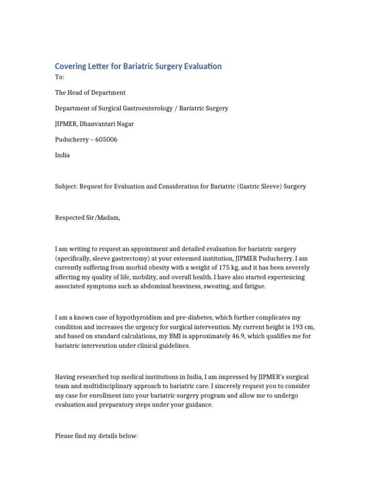 Bariatric Surgery Cover Letter JIPMER | PDF