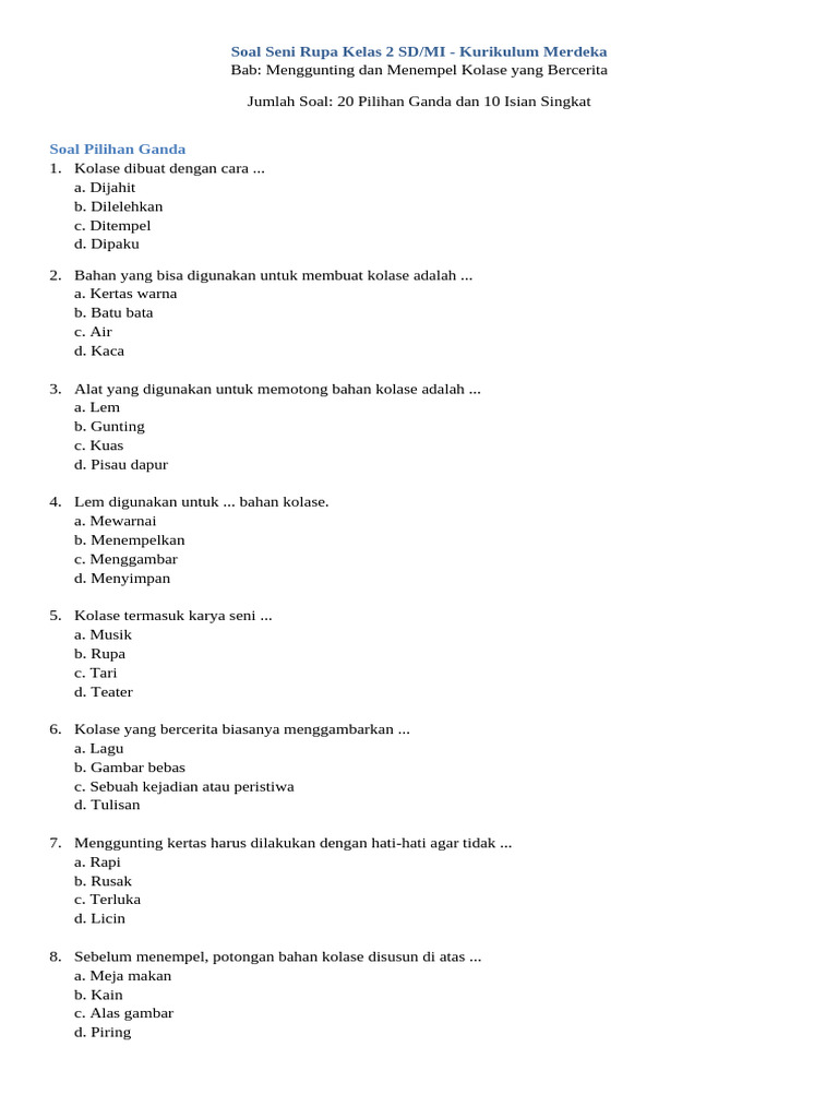 Soal Seni Rupa Kelas 2 Kolase Bercerita | PDF