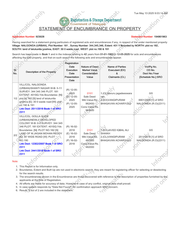 Statement of Encumbrance On Property: Application Number: Application Number: Statement Number ...