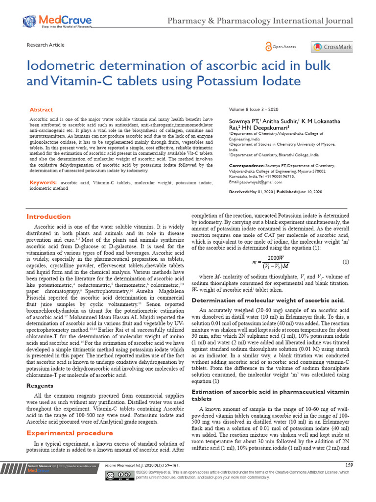Iodometric Determination of Ascorbic Acid in Bulk | PDF | Titration ...