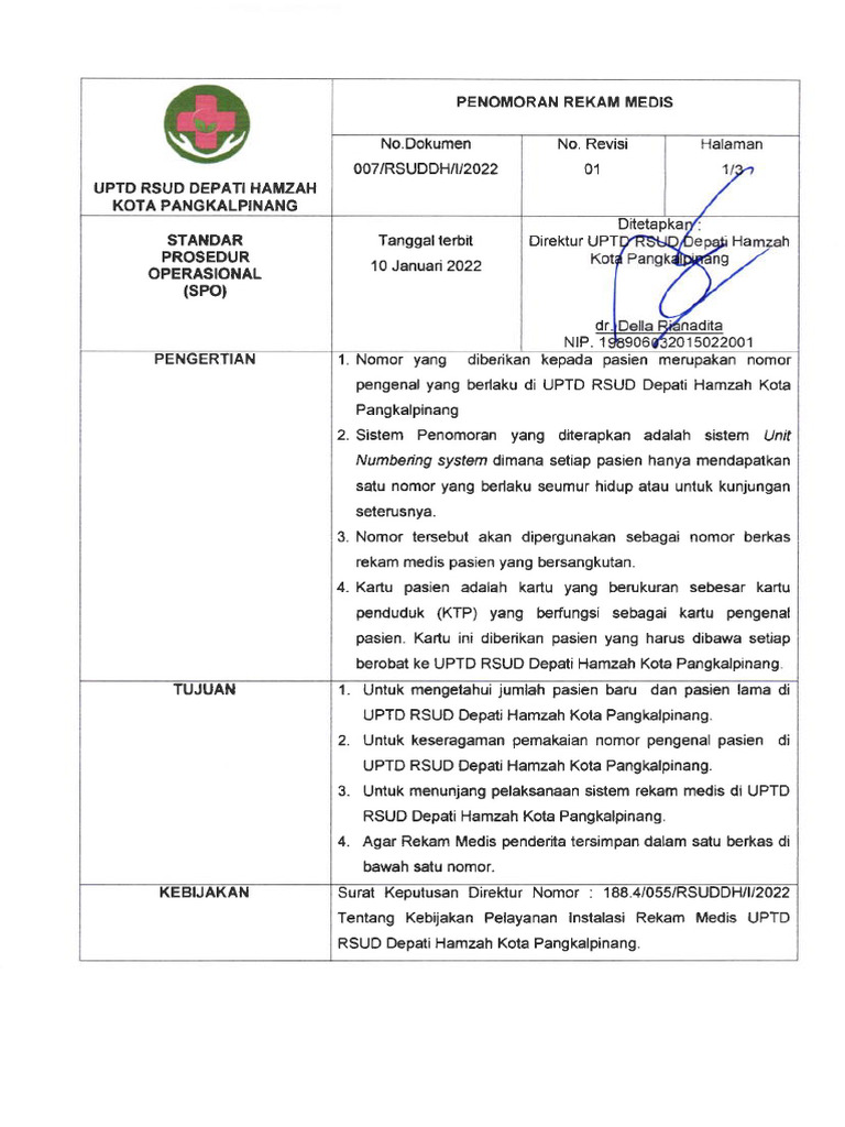 SPO PENOMORAN REKAM MEDIS_001 | PDF