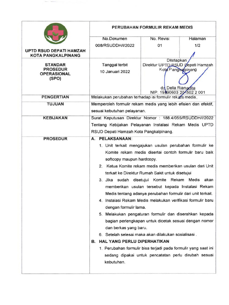 Spo Perubahan Formulir Rekam Medis - 001 | PDF