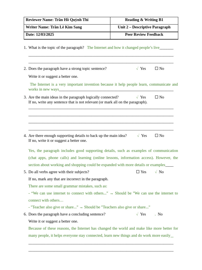 (FD) Unit 2 - Descriptive Paragraph - Peer Review Feedback | PDF | Peer Review | Internet