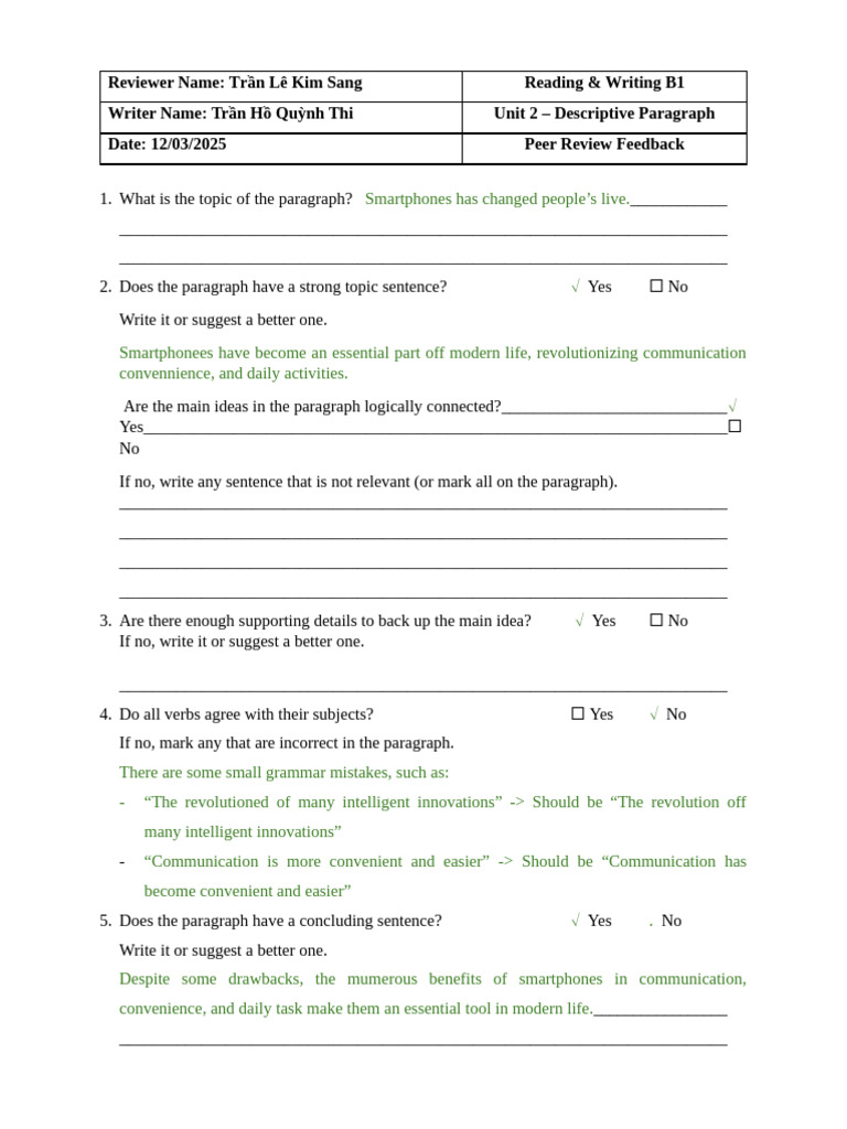 (FD) Unit 2 - Descriptive Paragraph - Peer Review Feedback | PDF | Language Mechanics | Linguistics