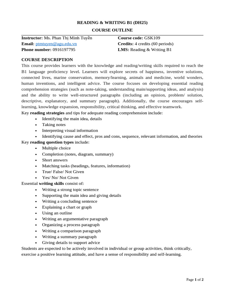 B1 Reading & Writing Course Outline | PDF | Reading Comprehension ...