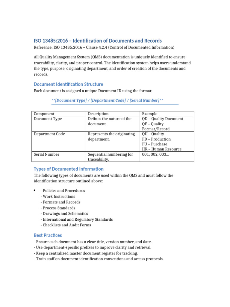 ISO 13485:2016 Document Identification Guide | PDF