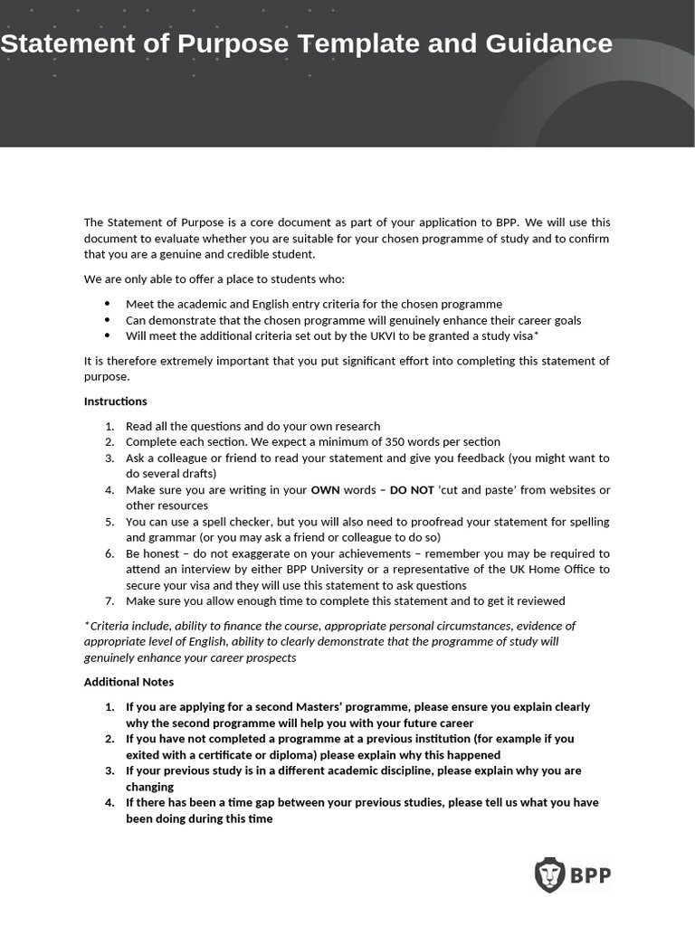 BPP_SOP Guidance & Template - Fillable Text (1) | PDF | Cost Of Living ...