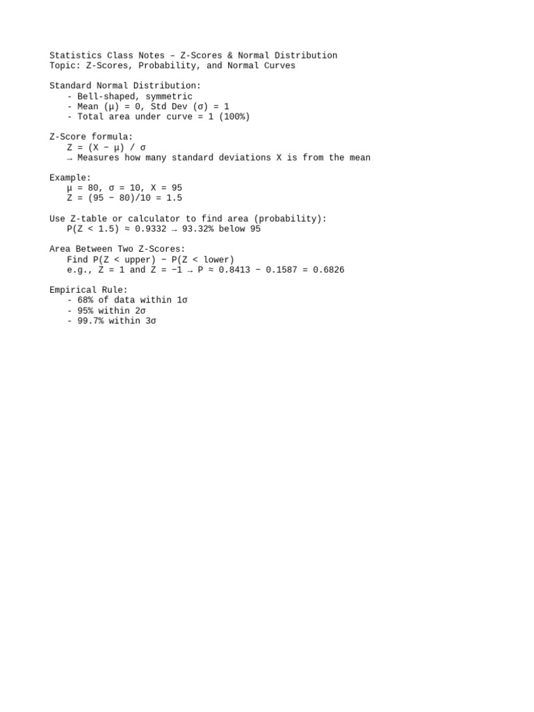Statistics Class Notes - Z-Scores & Normal Distribution | PDF