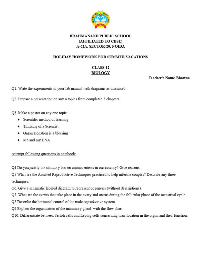 12 Biology HHW | PDF