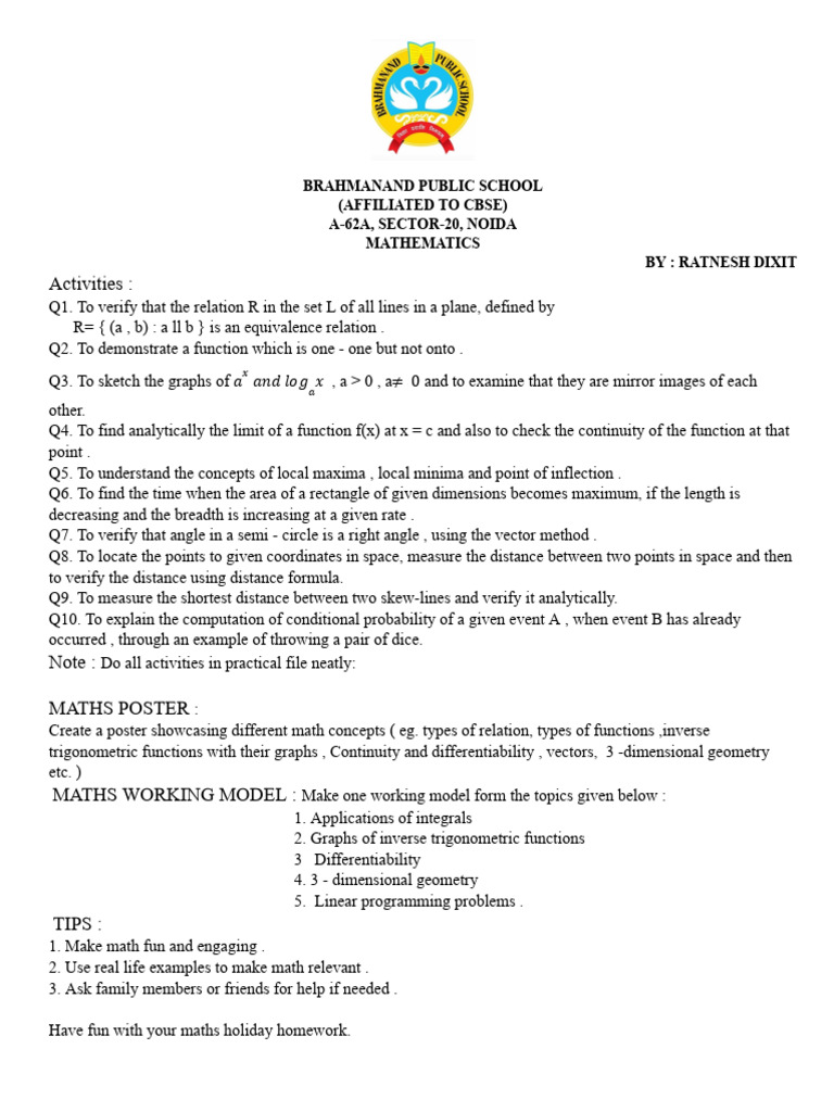 Holiday-Homework-Class Xii-Maths | PDF | Function (Mathematics) | Distance