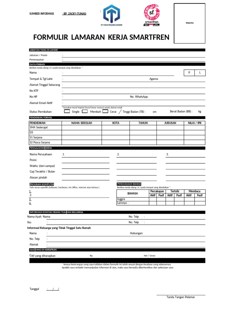 Formulir Lamaran Kerja Smartfren | PDF
