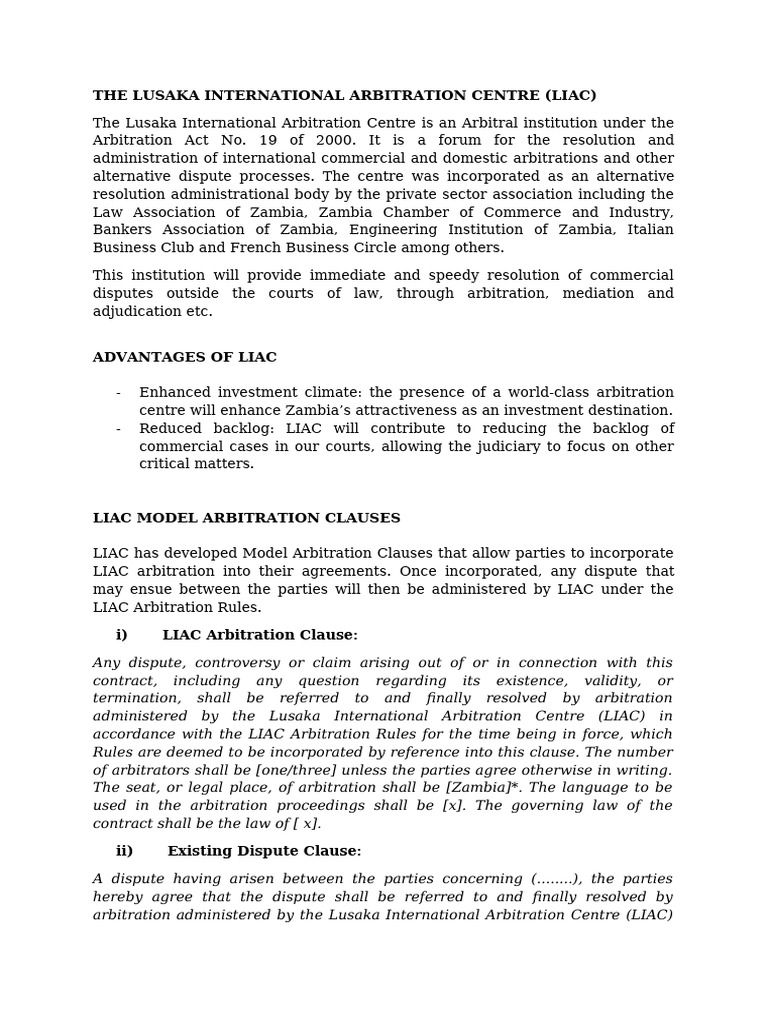 The Lusaka International Arbitration Centre (Liac) | PDF | Arbitration ...
