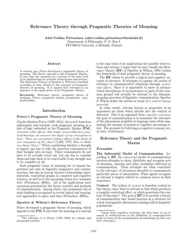 Relevance Theory Through Pragmatic Theories of Meaning: Ahti-Veikko ...