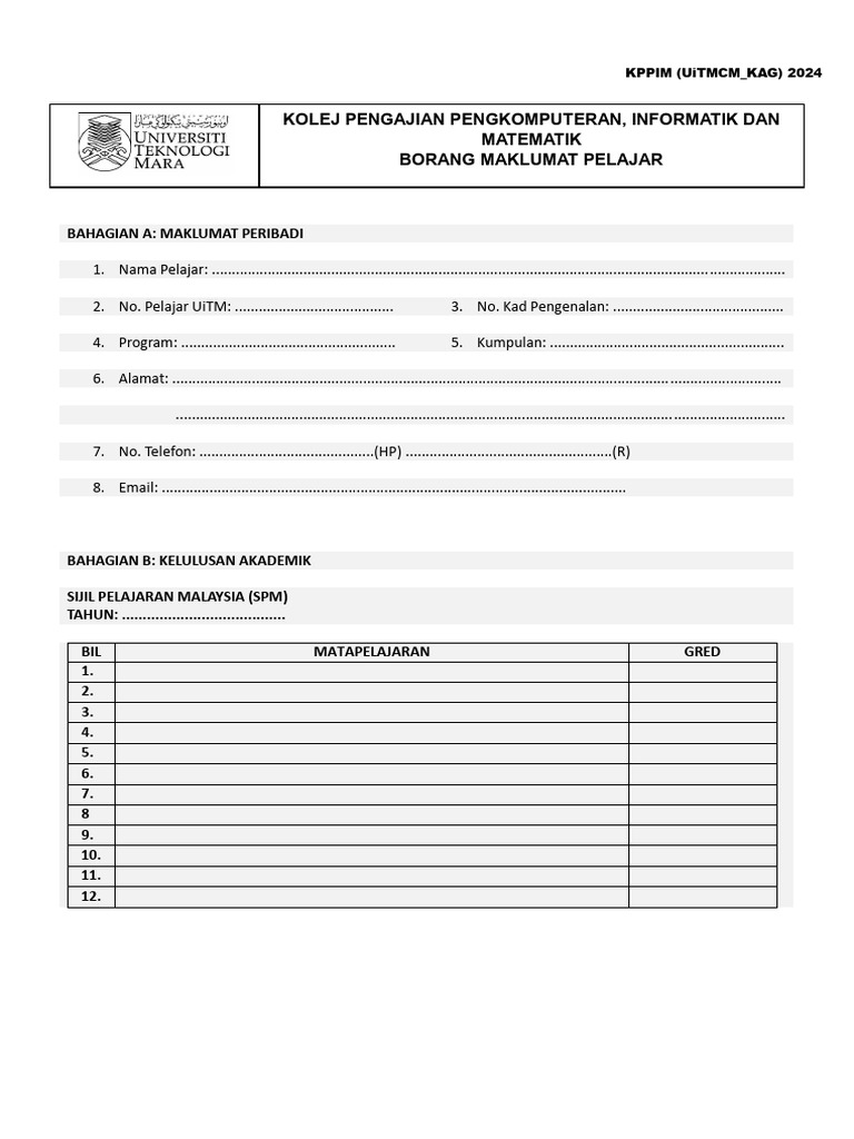 Borang Maklumat Pelajar_MAT112_MARCH-JULY2024 | PDF