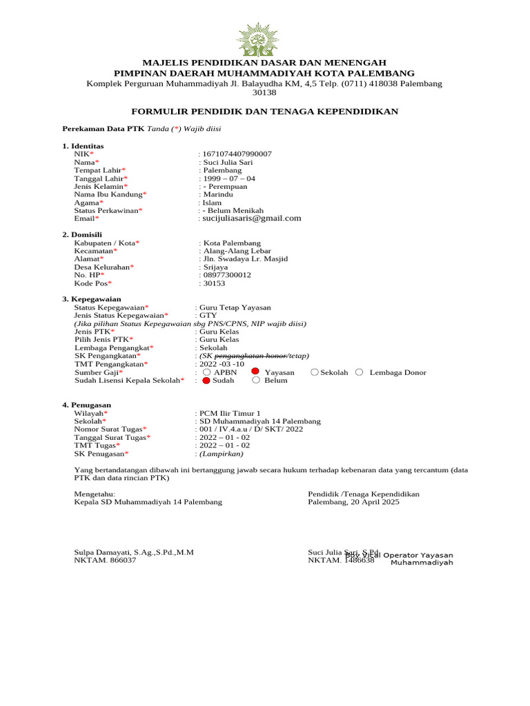Format Isian Pengajuan PTK Baru (Suci Julia Sari) | PDF