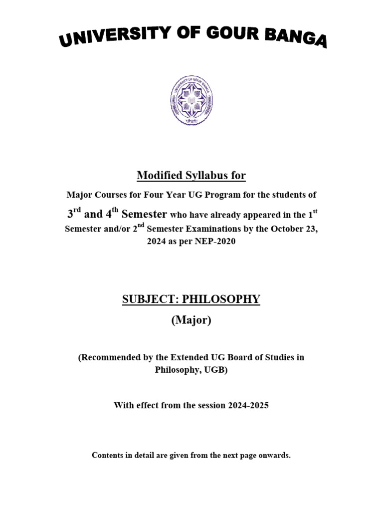 Modified Syllabus For UG Major Courses in Philosophy For 3rd and 4th ...