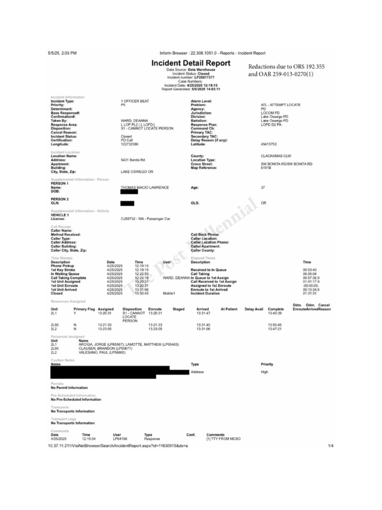 Lake Oswego Police Report 3 | PDF