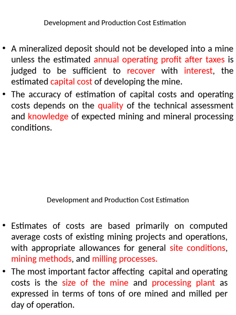 Lecture 4-1 - Development and Production Cost Estimate | PDF | Mining
