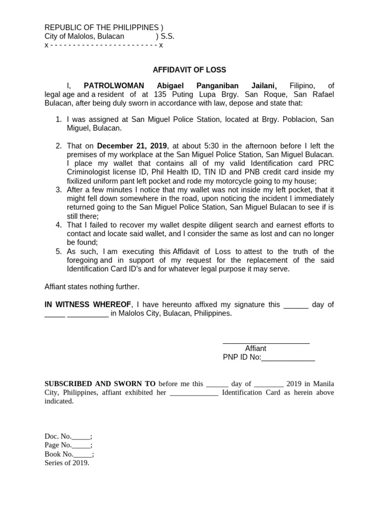 Affidavit of Loss by Patrolwoman | PDF