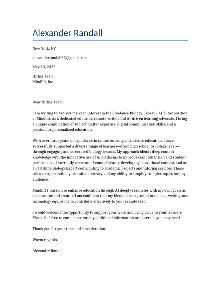 Cover Letter Alexander Randall | PDF