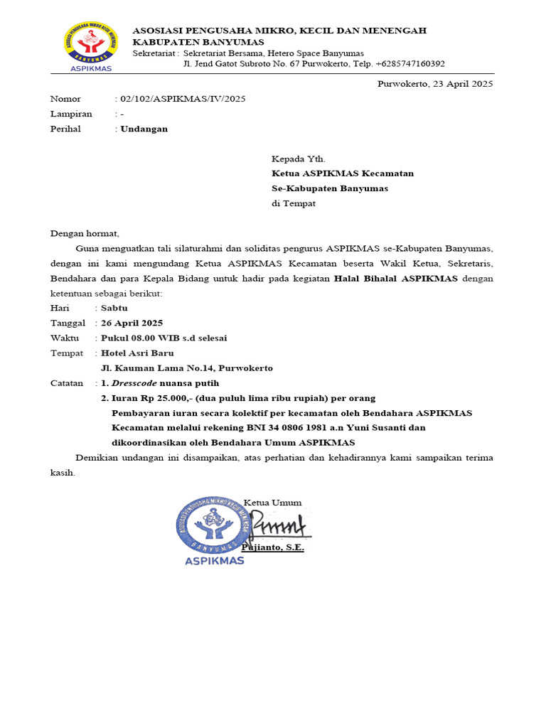 Undangan HalBi ASPIKMAS-Ketua ASPIKMAS Kecamatan (26 Apr. 2025) | PDF
