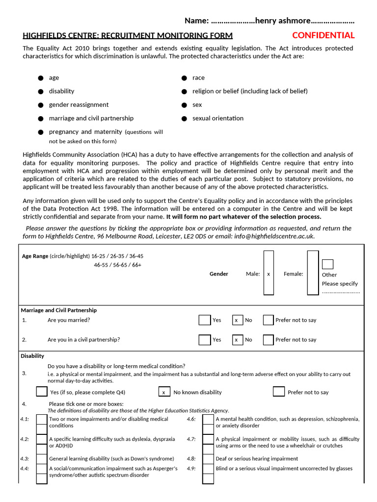 HIGHFIELDS CENTRE - RECRUITMENT MONITORING FORM | PDF | Disability ...