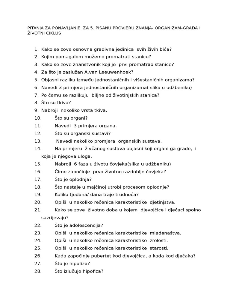 Pitanja Za Ponavljanje - 5. Pisana Provjera Znanja - Organizam - Građa I Životni Ciklus 2 | PDF