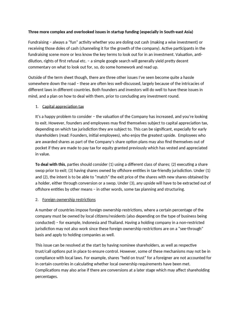 Three More Complex and Overlooked Issues in Startup Funding | PDF ...