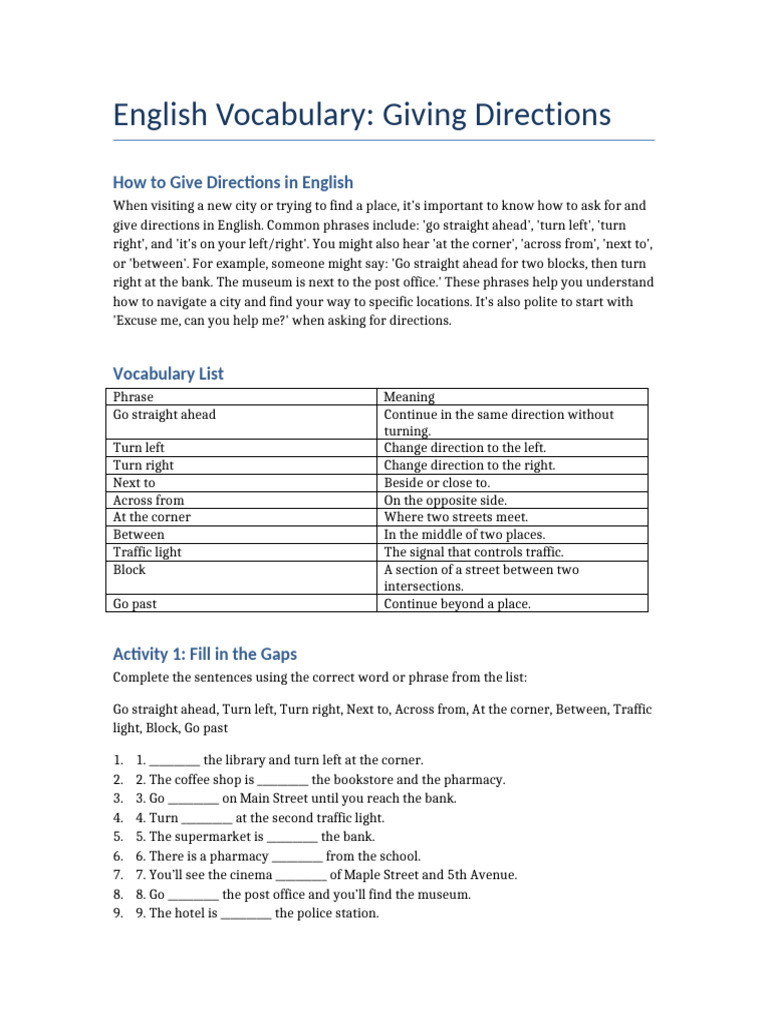 Directions Vocabulary Activity | PDF | English Language | Traffic