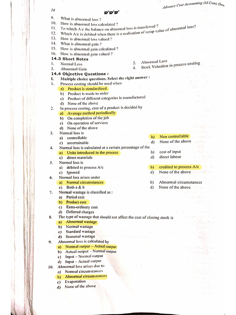 MCQ Adv Cost Accounting | PDF