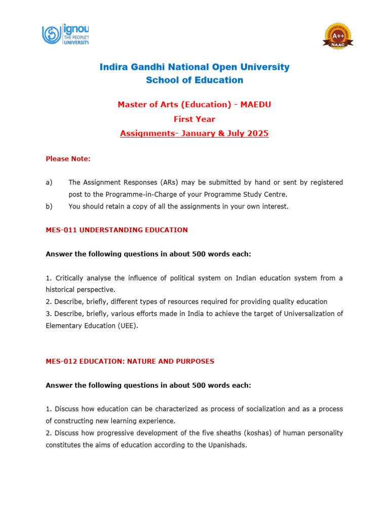 M.A. (Education) Assignments January - July 2025 (English) First Year ...