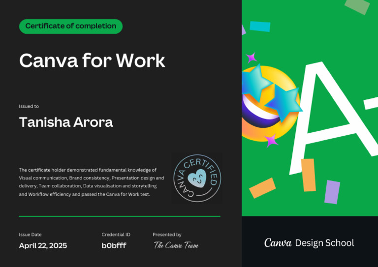 Tanisha Arora Canva for Work Certificate | PDF
