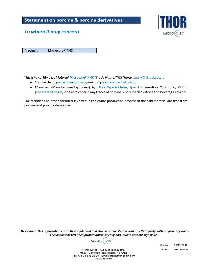 Microcare® PHC Porcine-Free Certification | PDF