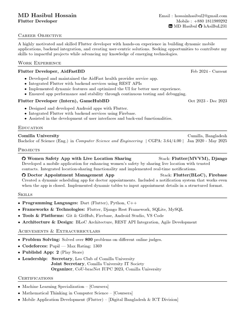 MD Hasibul Hossain (Flutter Dev.) | PDF | Mobile App | Software Development